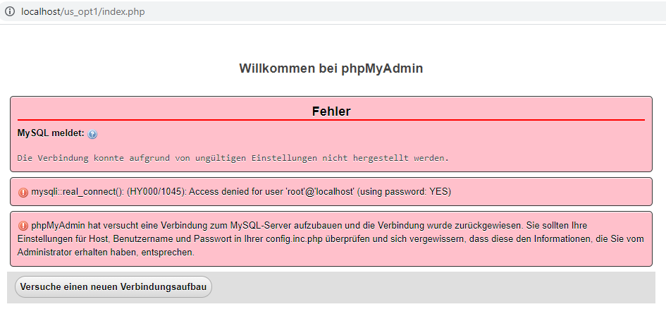 Mysqli real connect HY000 1045 Access Denied For User root 
